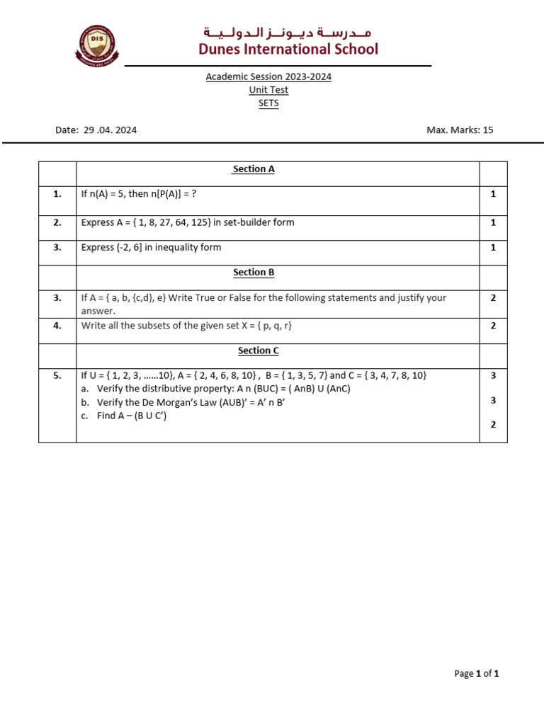 Gr-11-Math Unit Test On SETS | PDF