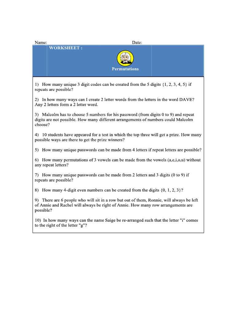 Worksheet - Permutations and Combinations | PDF