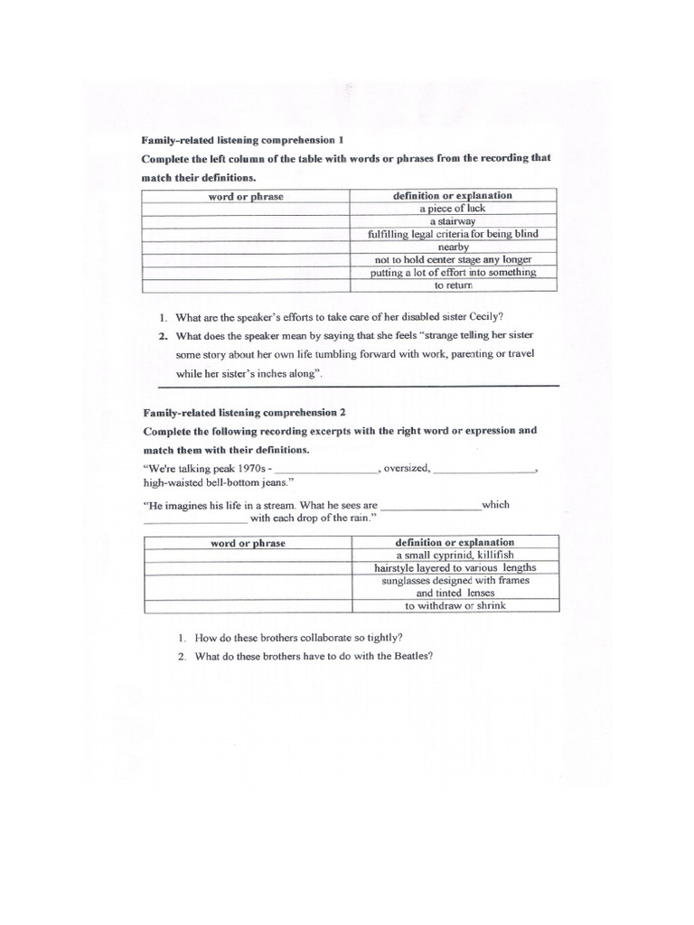 Family Listening Comprehension 1 and 2 | PDF
