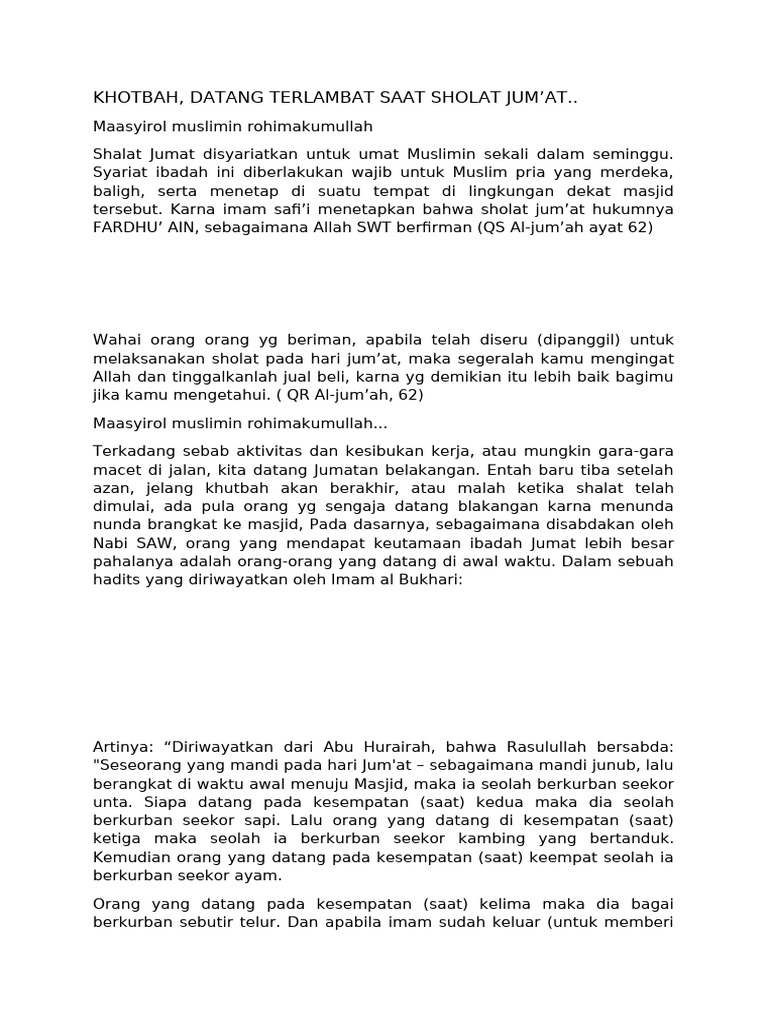 Khotbah Datang Terlambat Saat Sholat Jum | PDF