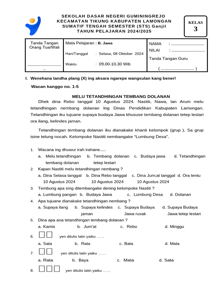 STS 1 B.Jawa Kelas III 2024,2025 | PDF