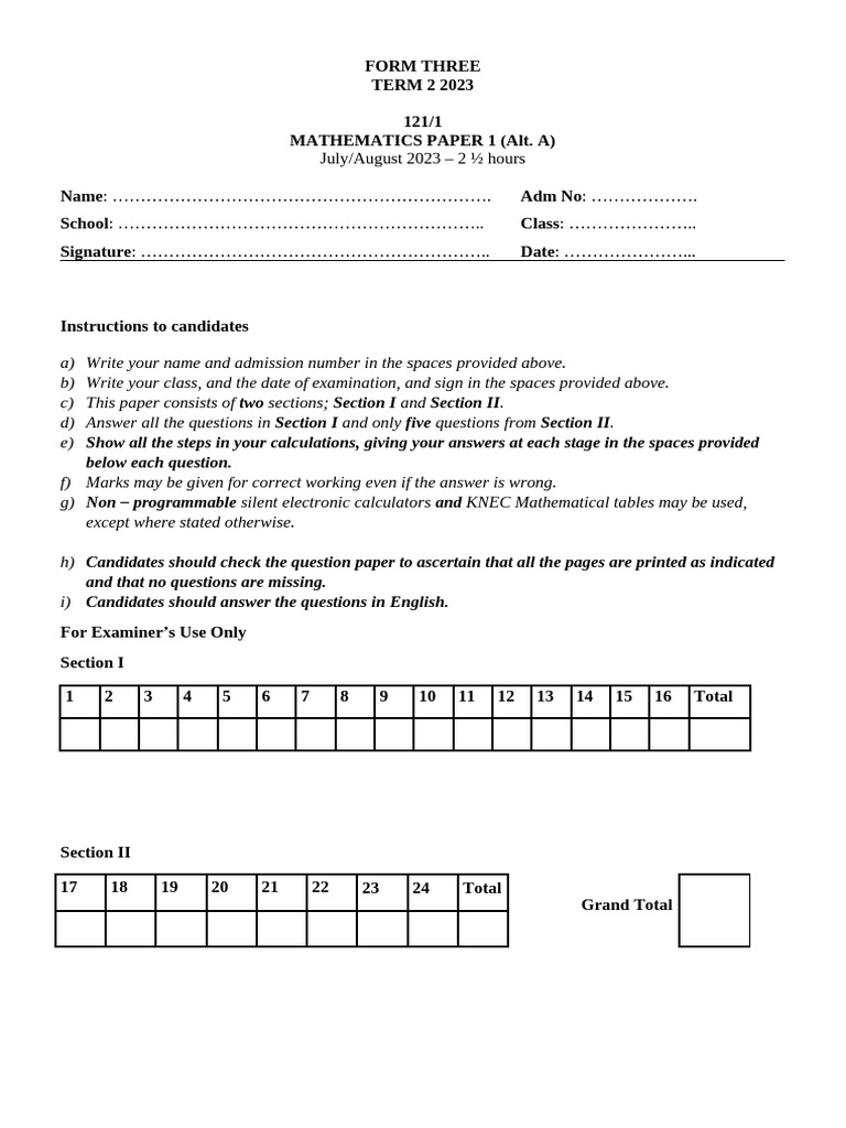 2023 MATHEMATICS F3 P1 QS T2 Exam Teacher - Co - .Ke | PDF | Area | Geometry