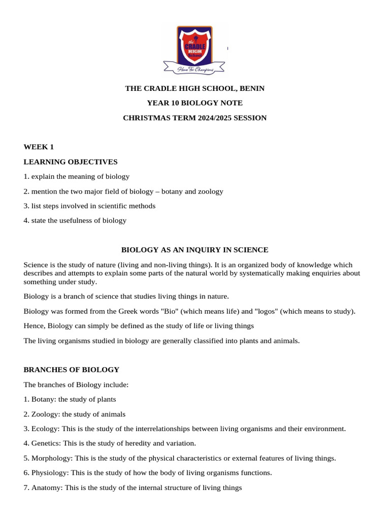 Biology SS1 Notes | PDF