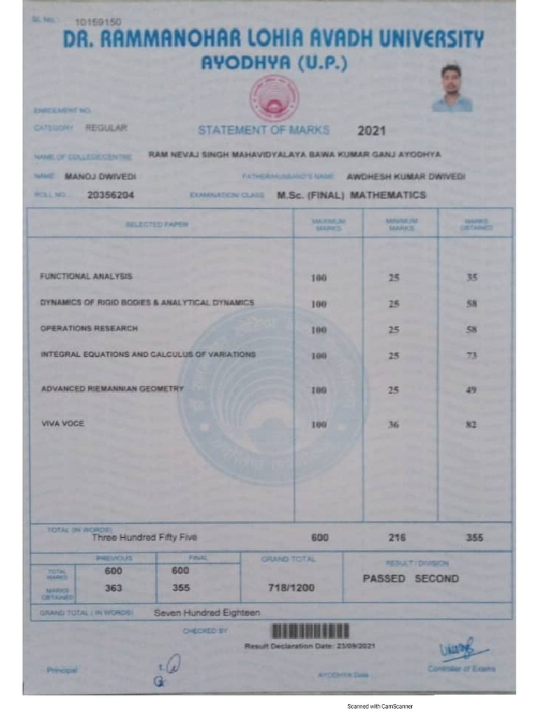 MANOJ DWIVEDI M.Sc. (Post Graduate) MARKSHEET | PDF