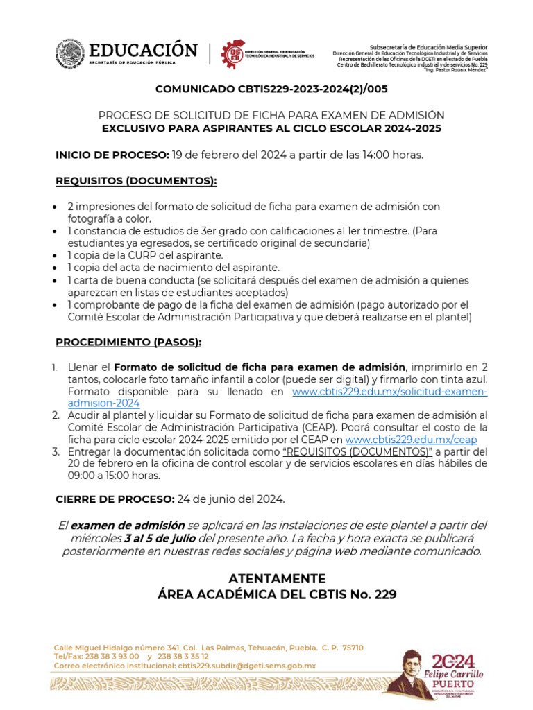 Comunicado 2022 2023 2 005 Proceso de Solicitud de Fichas para Examen de Admision 2024 2025 | PDF