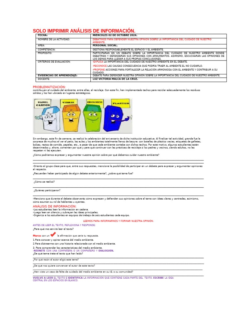 3.6 Ficha Sexto Grado. P.S. Debatimos para Defender Nuestra Opinión Sobre La Importancia Del ...