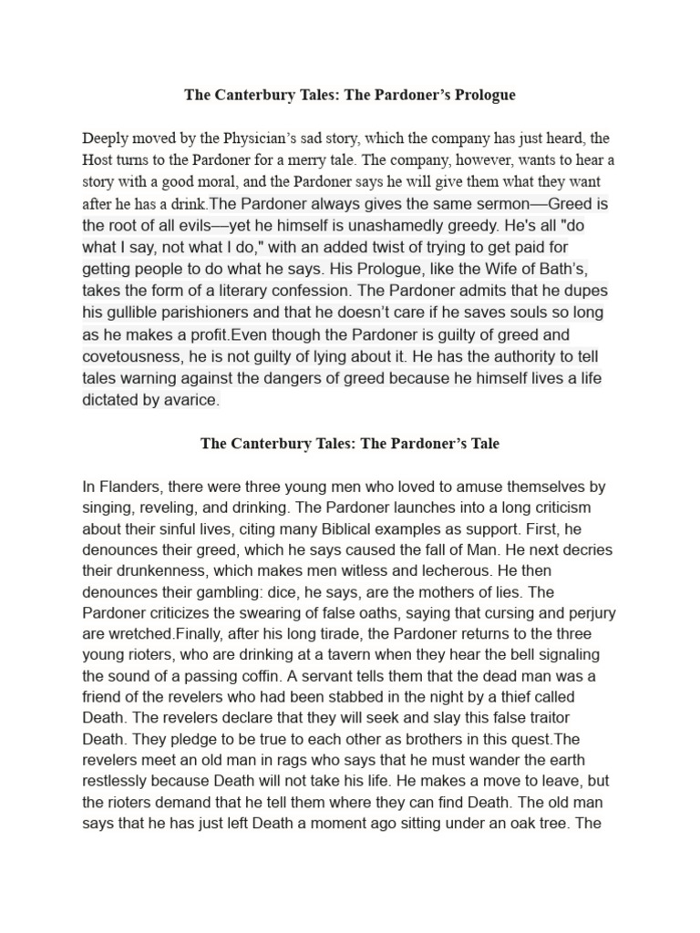 The Canterbury Tales - The Pardoner's Prologue | PDF