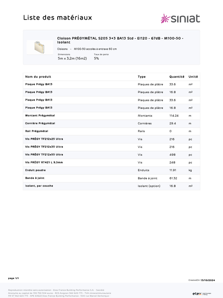 Cloison PRÉGYMÉTAL S205 3+3 BA13 STD - EI120 - 67dB - M100-50 - Isolant ...