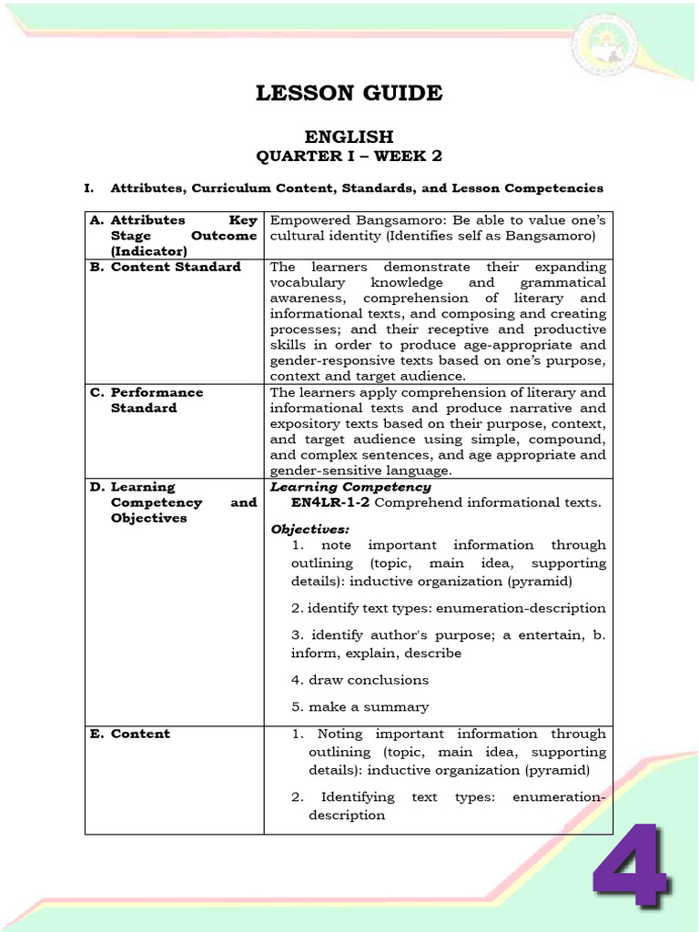 Lesson Guide Grade 4 English Quarter 1 Week 2 | PDF | Reading ...