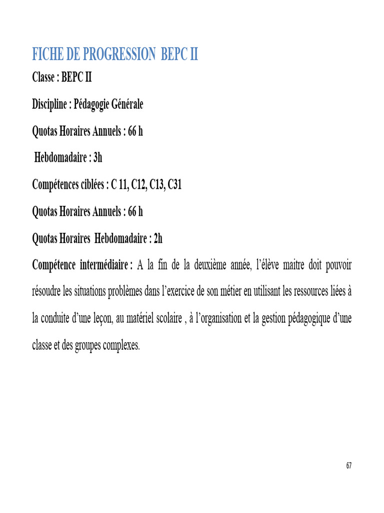 Fiche de Progression BEPC II | PDF