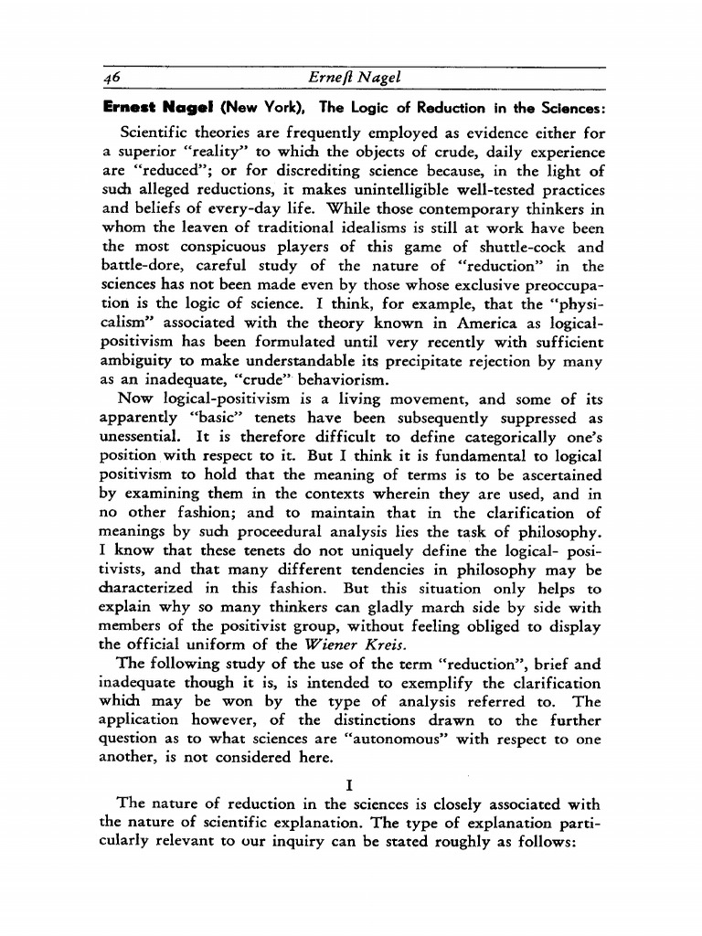 Ernest Nagel - The Logic of Reduction in The Sciences | PDF