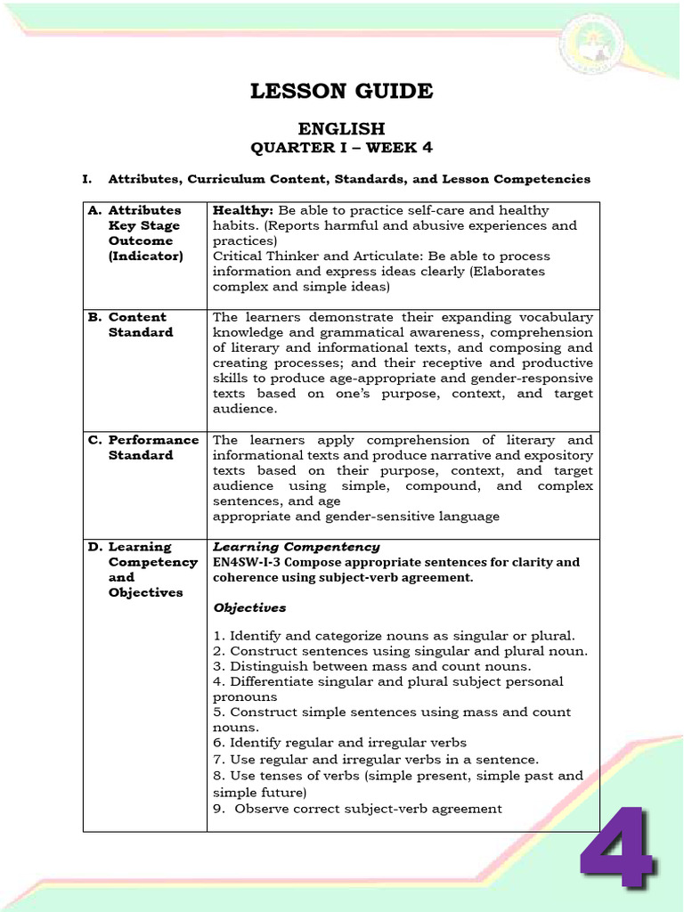 Lesson Guide Grade 4 English Quarter 1 Week 4 | PDF