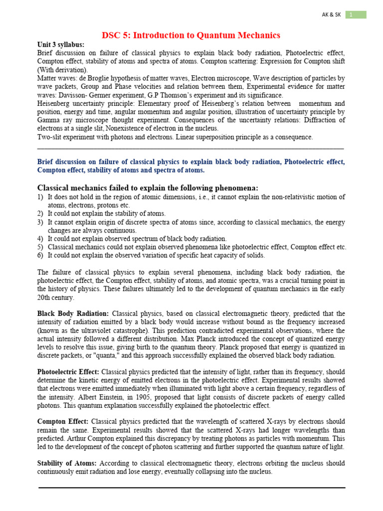Unit 3 Introduction To Quantum Mechanics Paper 5-1 | PDF