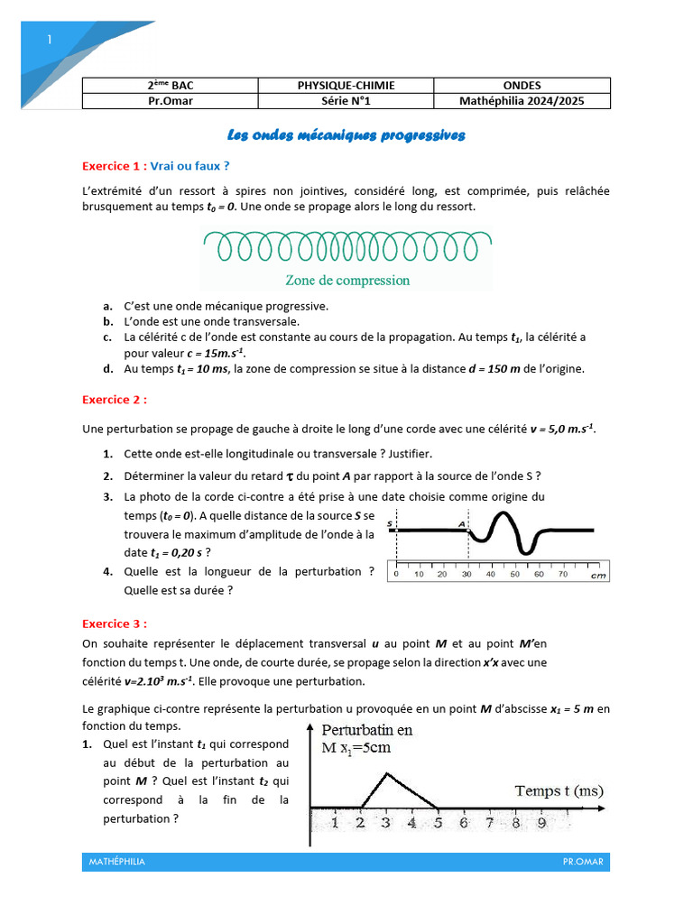 Série D'exercices Ondes Mécaniques Progressives | PDF