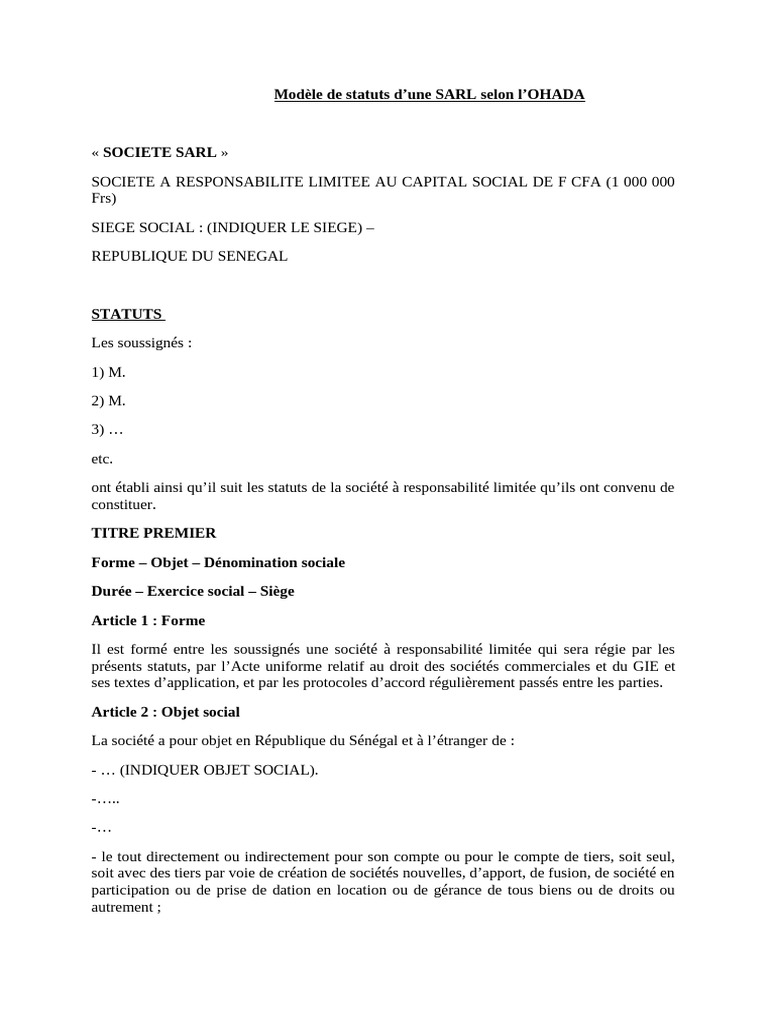 Modele Statuts Sarl | PDF