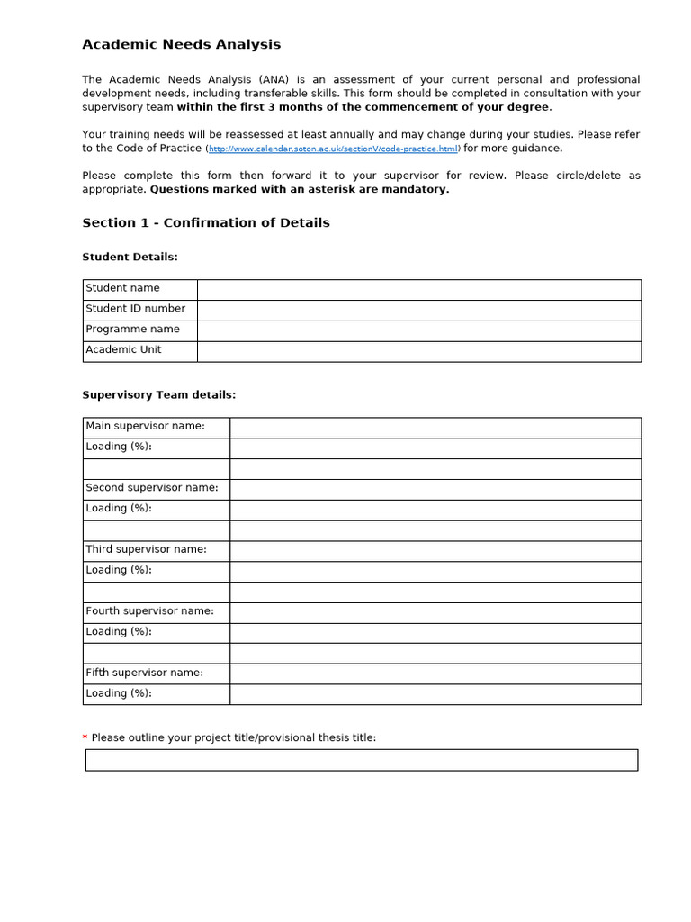 Academic Needs Analysis Form | PDF | Thesis | Career & Growth