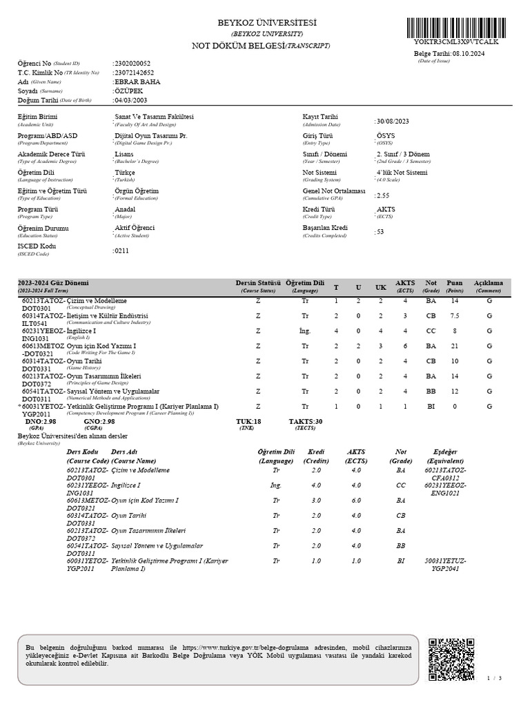 Yuksekogretim Kurulu Transkript Belgesi Sorgulama | PDF