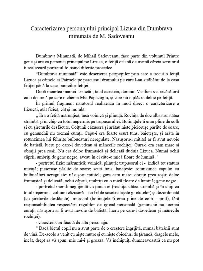 Matache - Alexia - Maria - Caracterizarea Personajului Principal Lizuca ...
