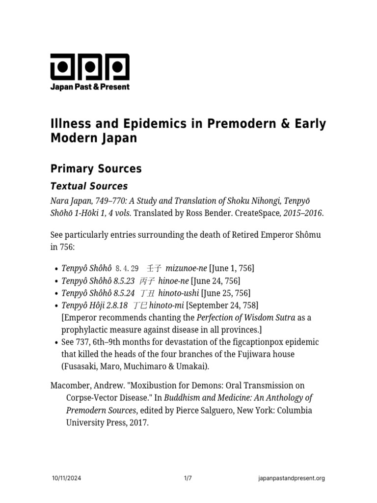 Illness and Epidemics in Premodern & Early Modern Japan | PDF
