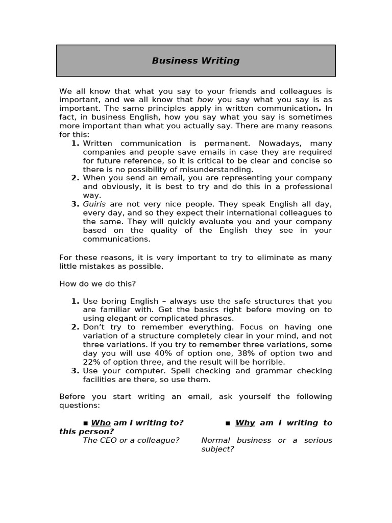 Business Writing Overview English | PDF | Linguistics | Language Mechanics