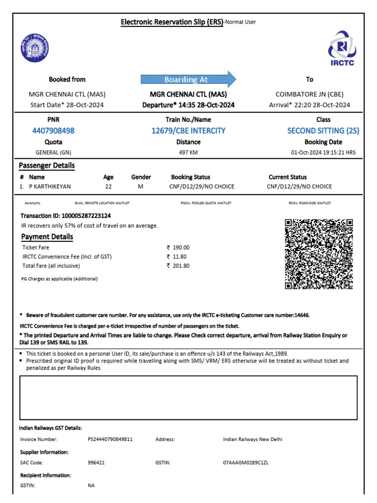 12679/cbe Intercity Second Sitting (2S) | PDF