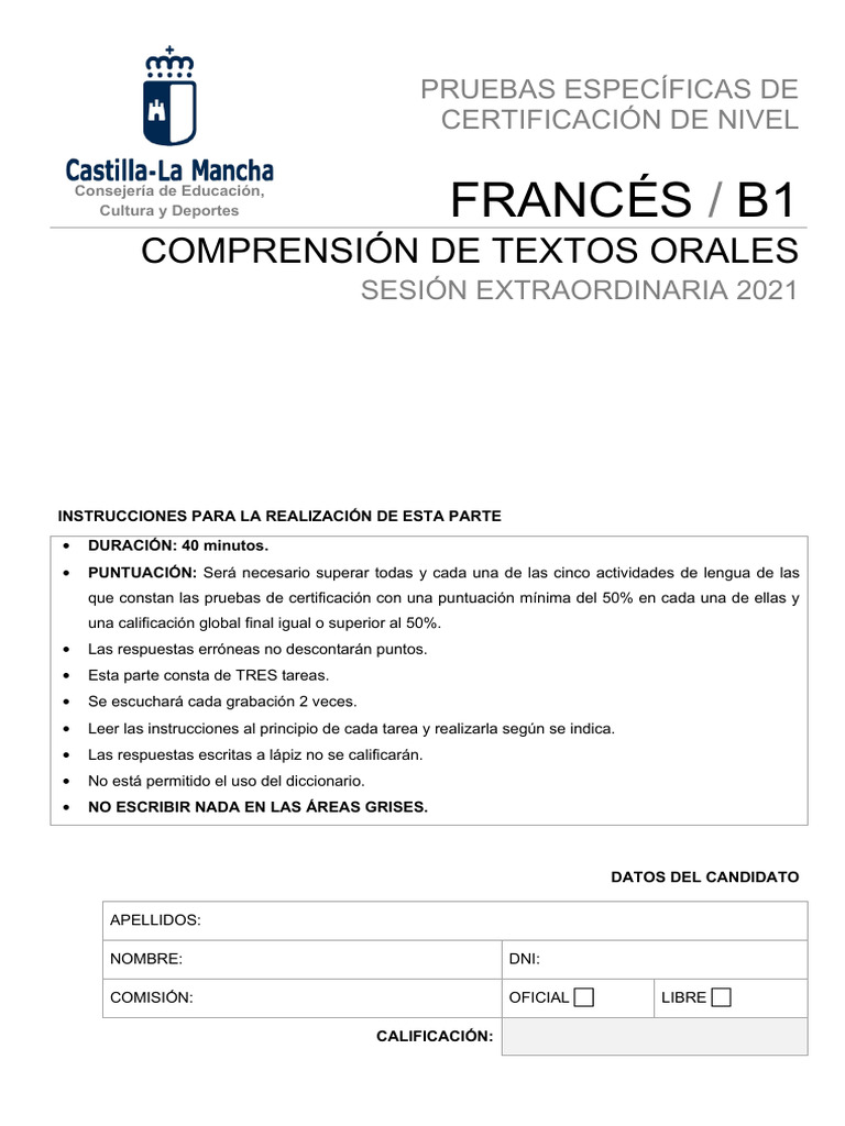Francés B1: Comprensión de Textos Orales | PDF
