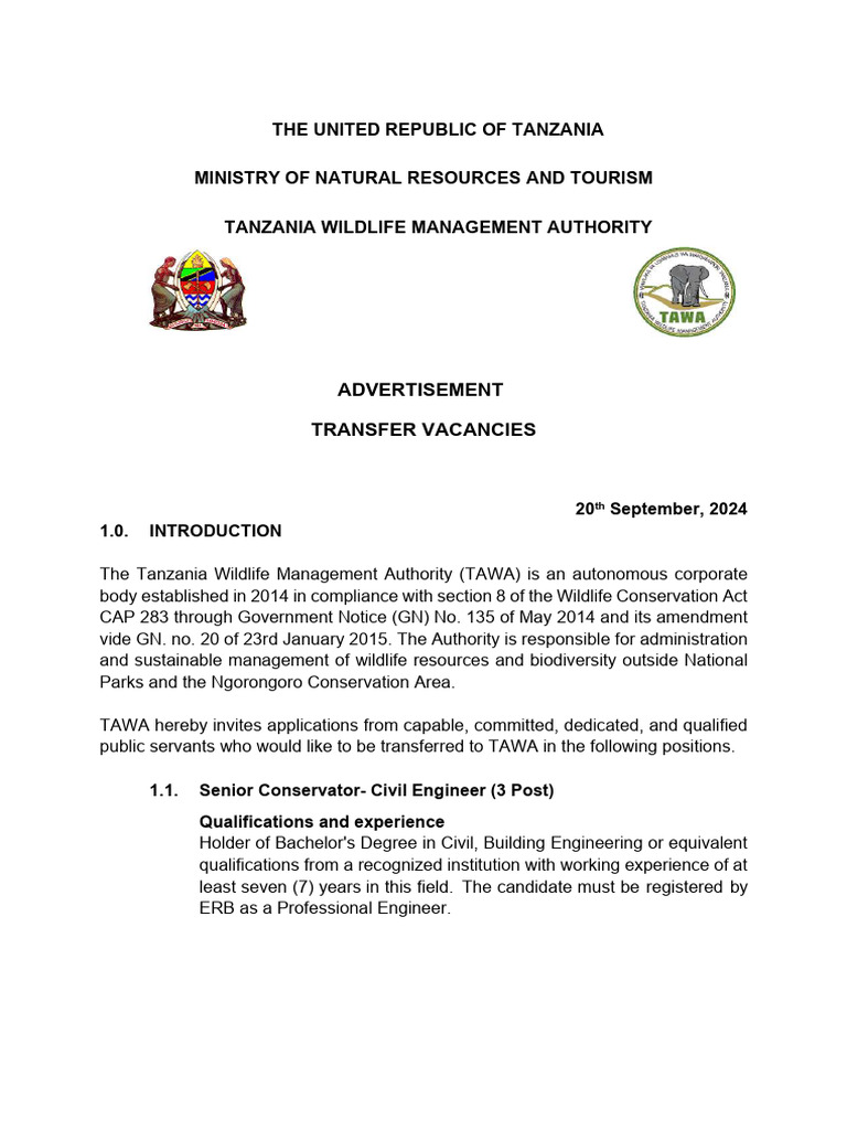 Tanzania Wildlife Management Authority TAWA Vacancies September 2024 | PDF