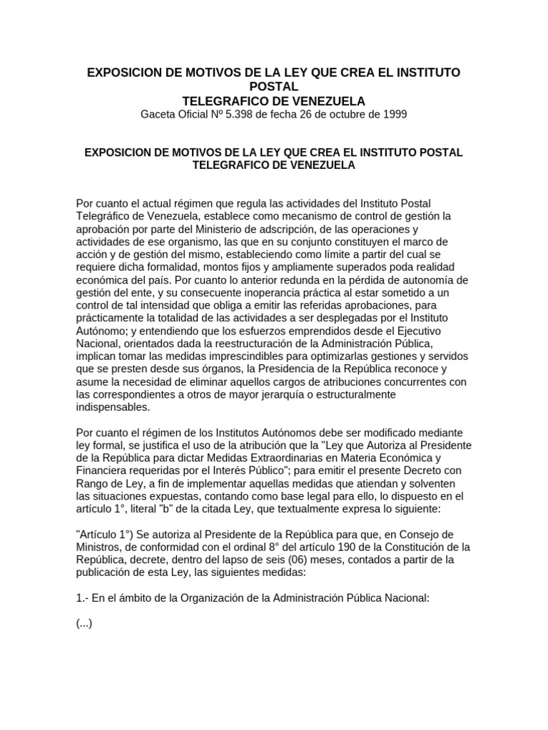 Exposici N de Motivos de La Ley Que Crea El Instituto Postal | PDF
