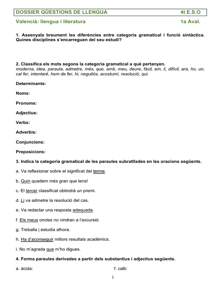 DOSSIER LLENGUA 1a AVAL | PDF