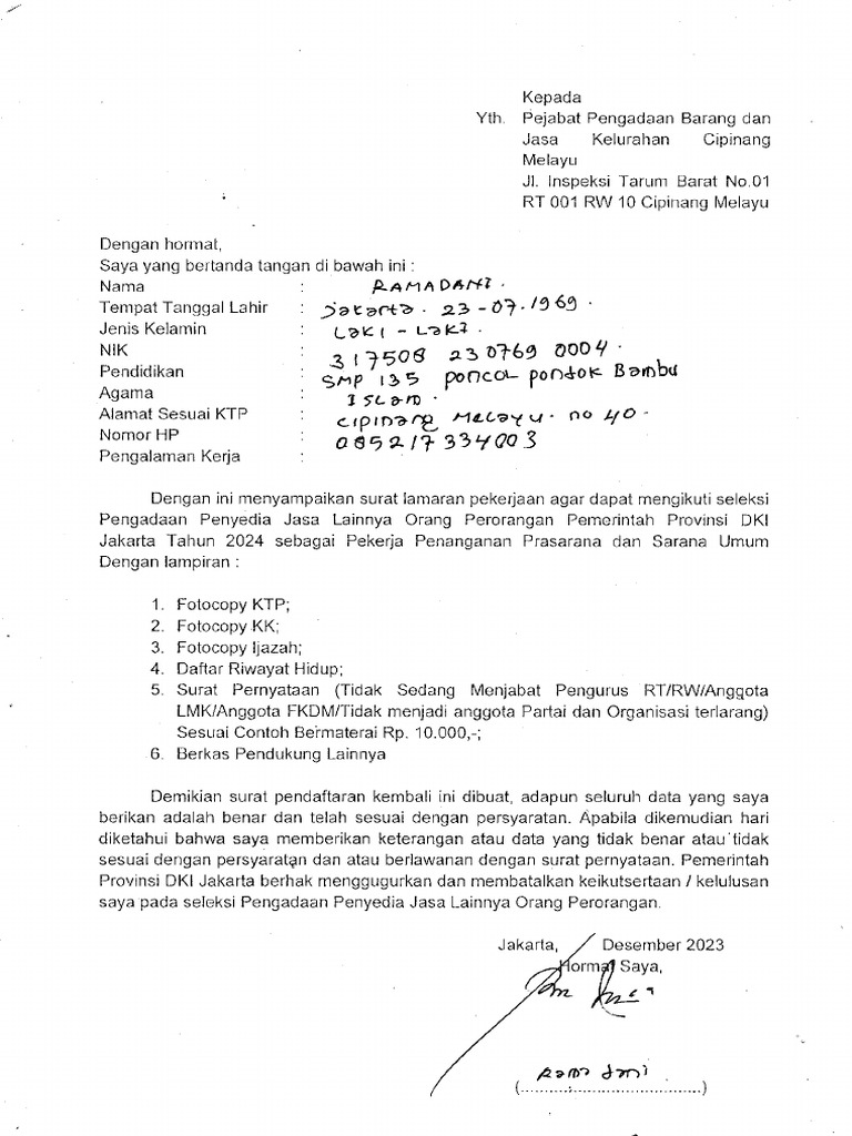 Surat Lamaran Pak Ramadhani | PDF