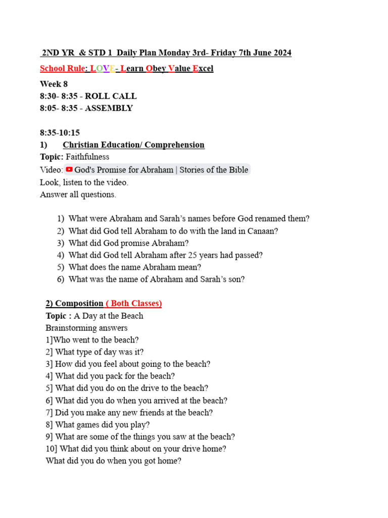 2ND YR & STD 1 Daily Plan Monday 3rd June 2024 Daily Plan | PDF | Abraham