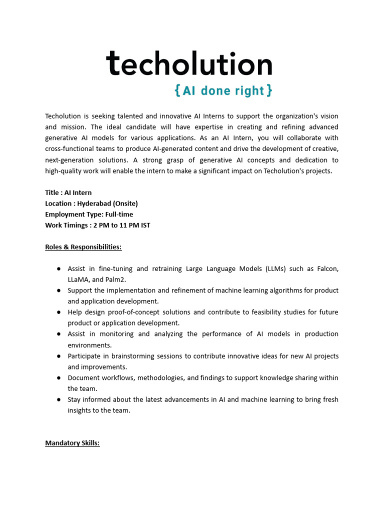 Generative AI Intern - JD - Techolution | PDF