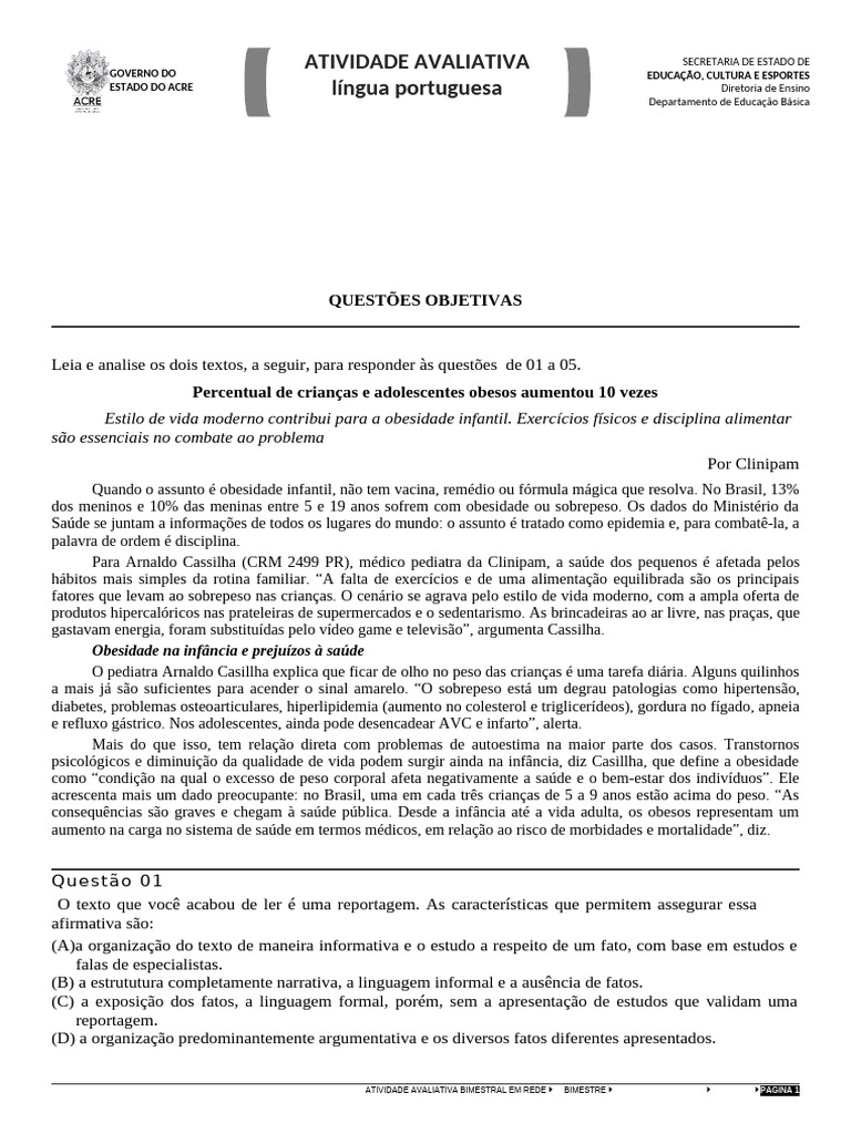 3 Ativ. Ava. Bim. - Língua Portuguesa - 8º Ano | PDF