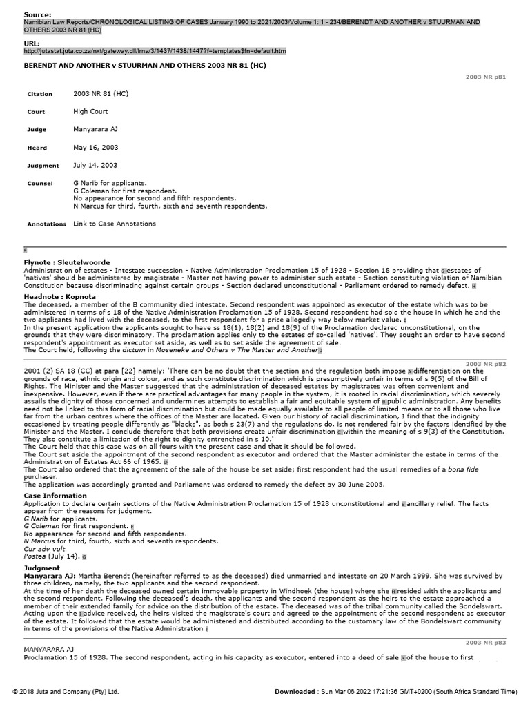 Berendt and Another v Stuurman and Others 2003 Nr 81 Hc | PDF
