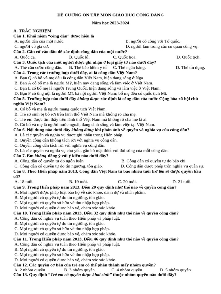 Đề Cương GDCD 6 | PDF