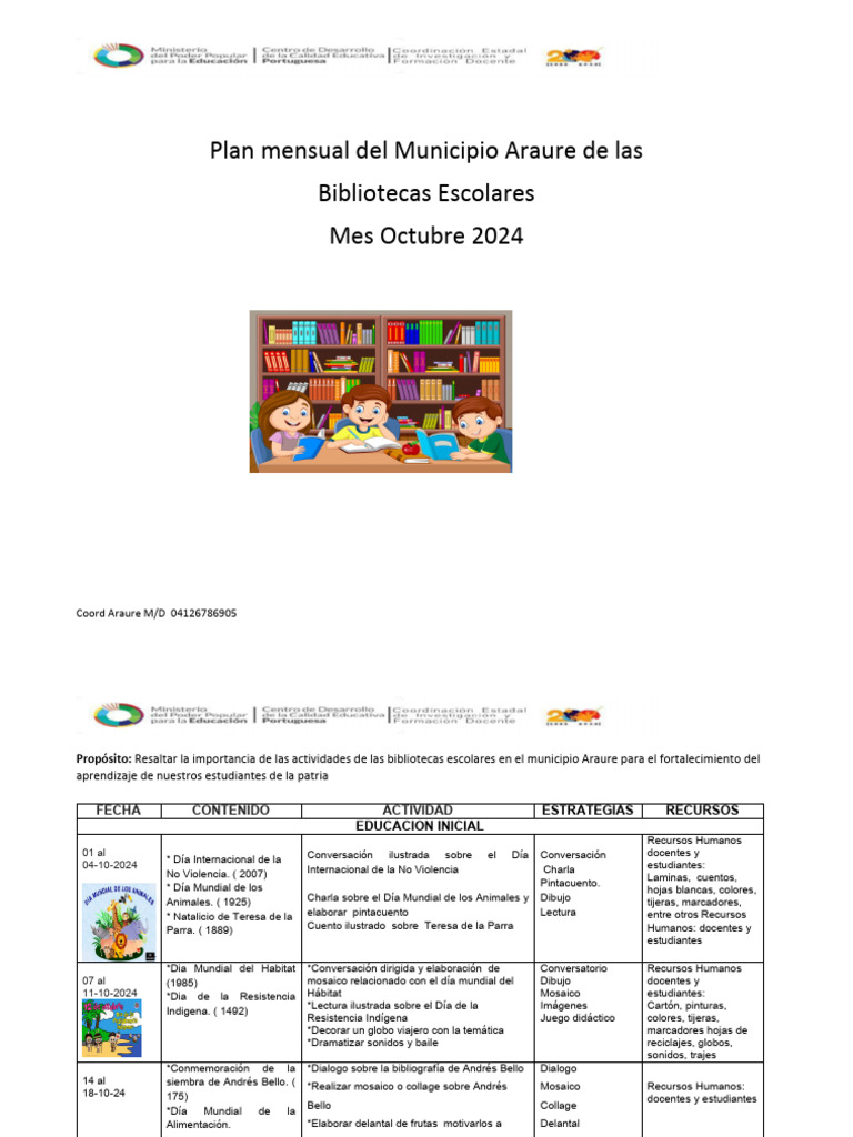 Plan Mensual Del Municipio Araure de Las Bibliotecas Escolares | PDF