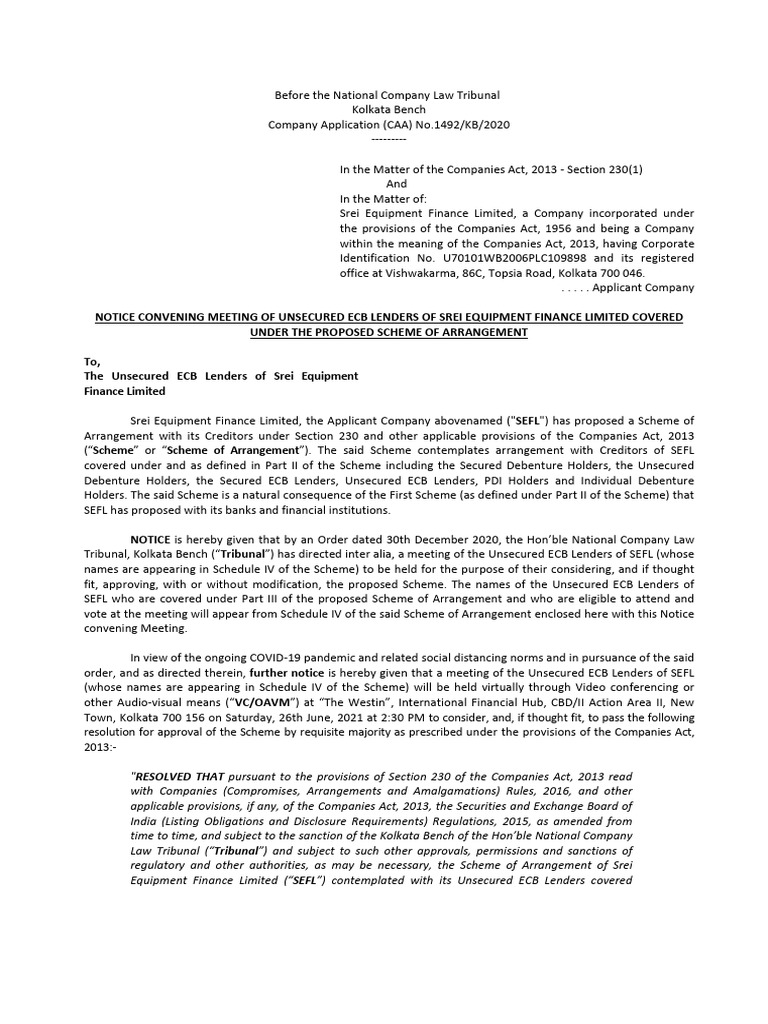 SEFL Notice of Unsecured ECB Lenders Meeting 29052021 | PDF | Justice ...