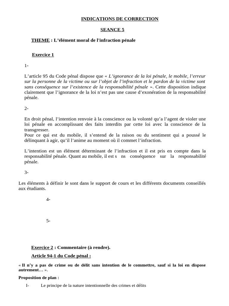 Droit Penal L2 - Proposition de Correction Fiche 5 | PDF