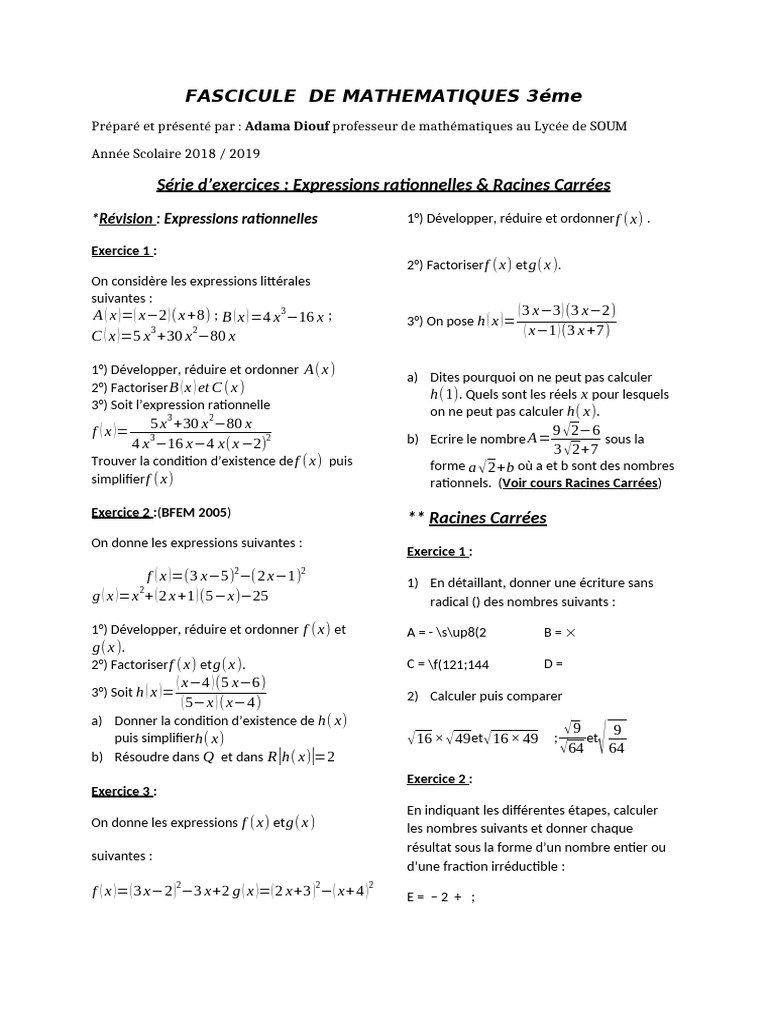 Fascicule de Mathematiques 3éme | PDF