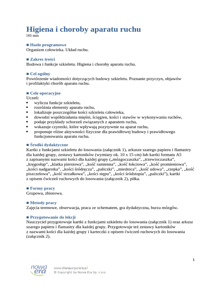 Scenariusz Higiena I Choroby Aparatu Ruchu | PDF