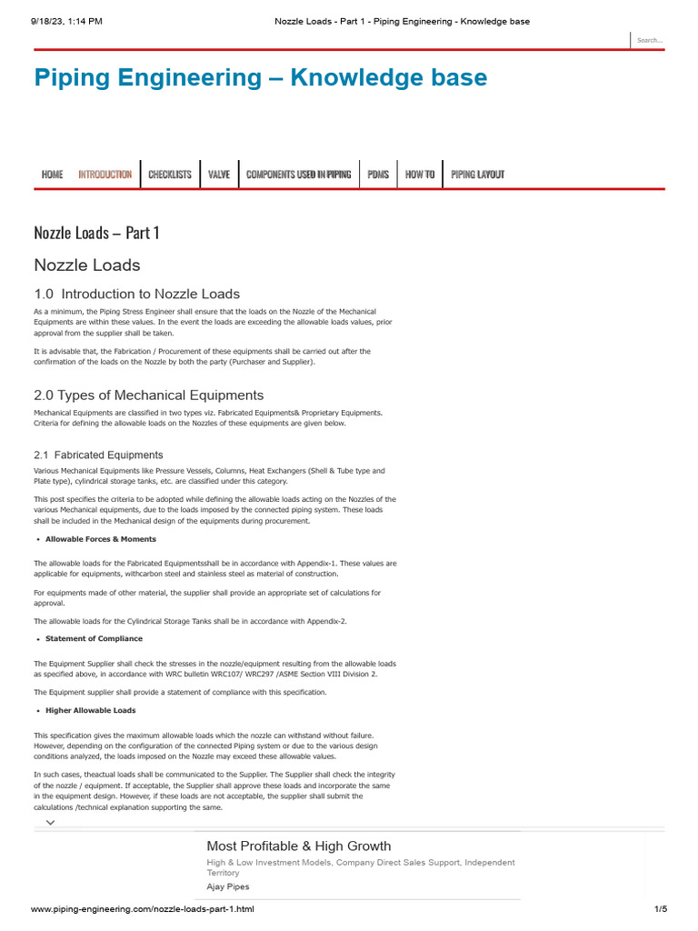 Nozzle Loads - Part 1 - Piping Engineering - Knowledge Base | PDF