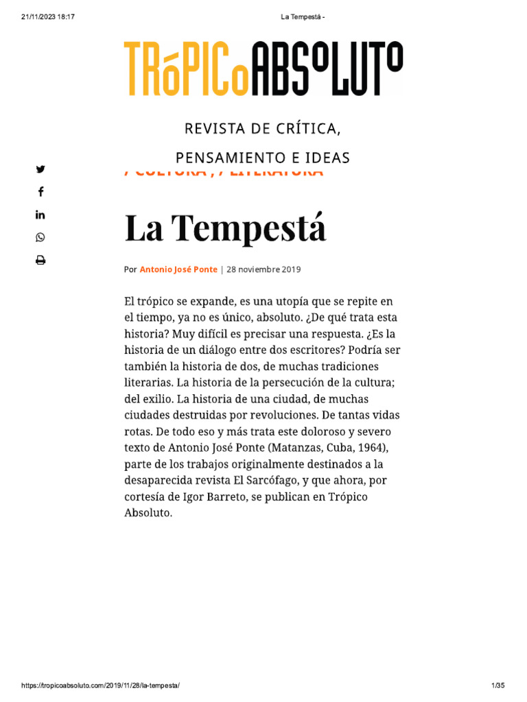 Antonio José Ponte - La Tempestá | PDF