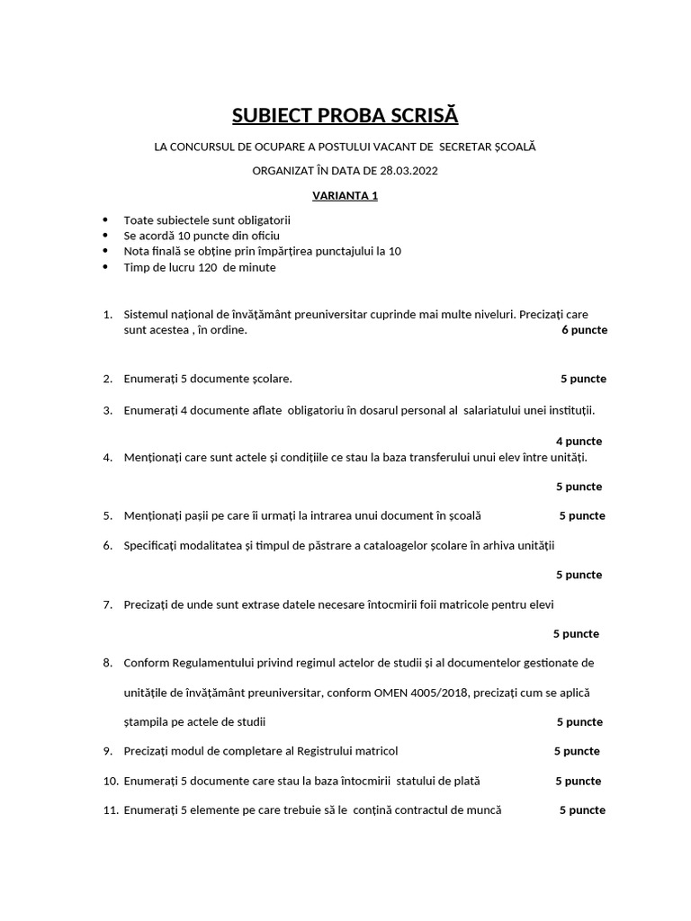 Subiect+Barem Secretar Var.1 | PDF