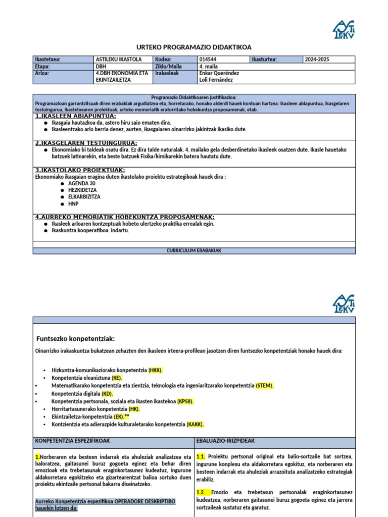4.DBH Programazioa Ekonomia 2024-2025 | PDF | Organizaciones designadas como terroristas | Salud ...
