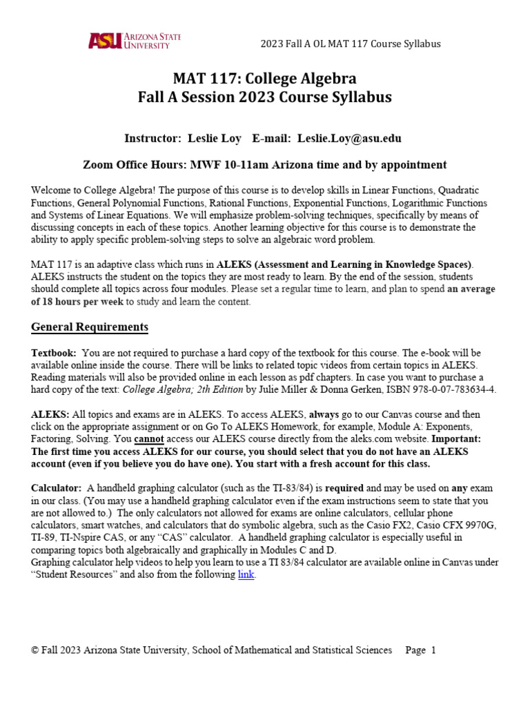 Loy MAT 117 Fall A 2023 Syllabus | PDF
