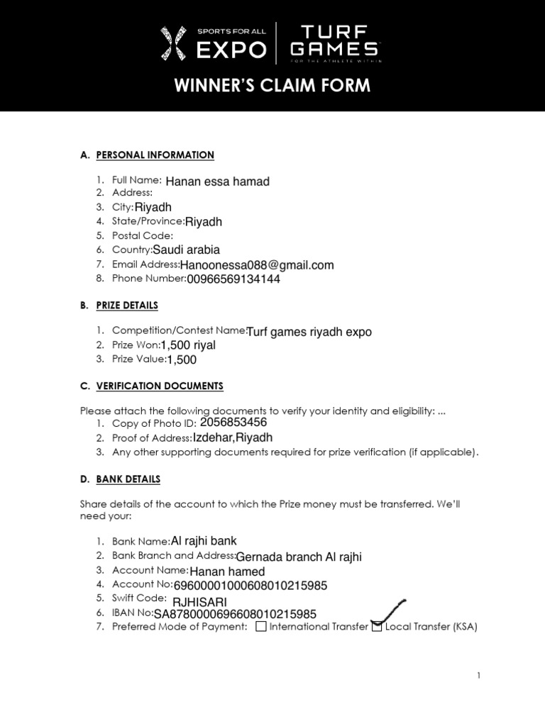 SFA Expo X Turf Games - Winners Claim Form | PDF