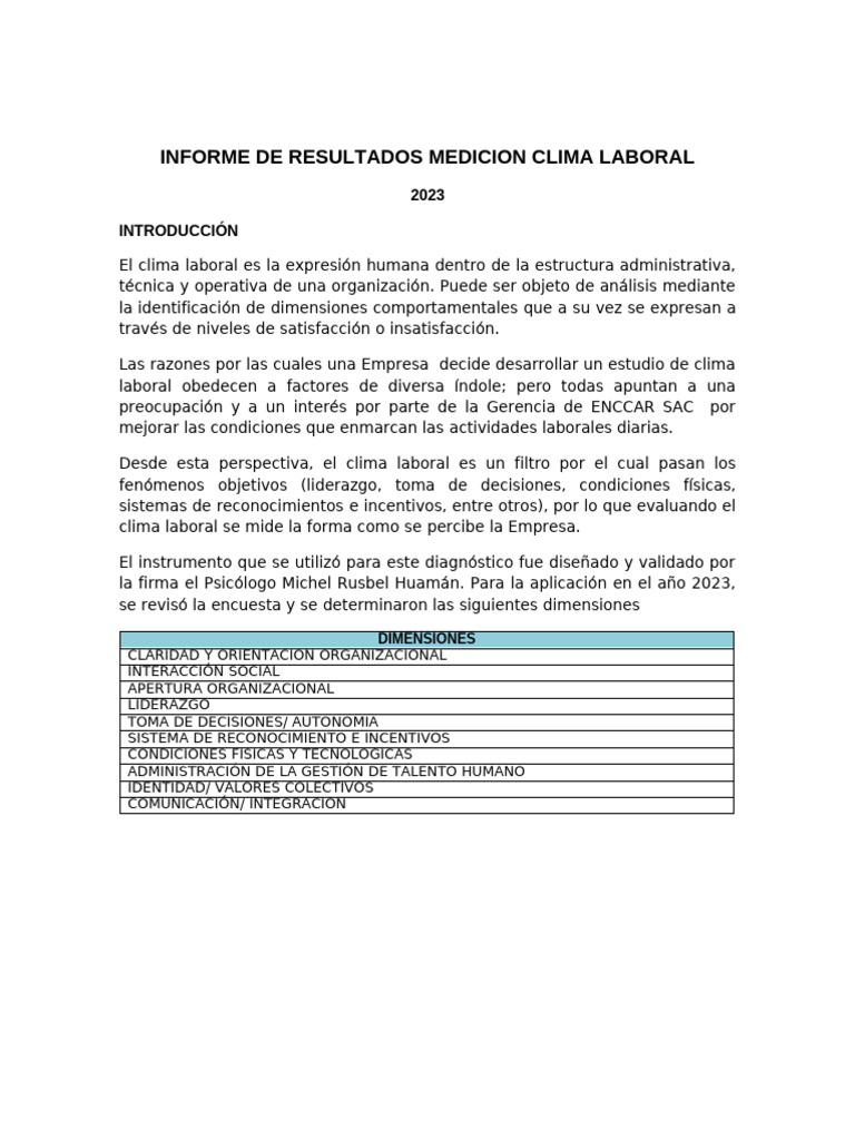 Informe Clima Laboral Enccar | PDF