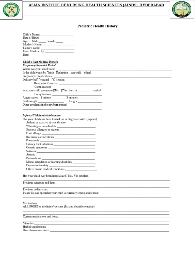 Pediatric History Form | PDF