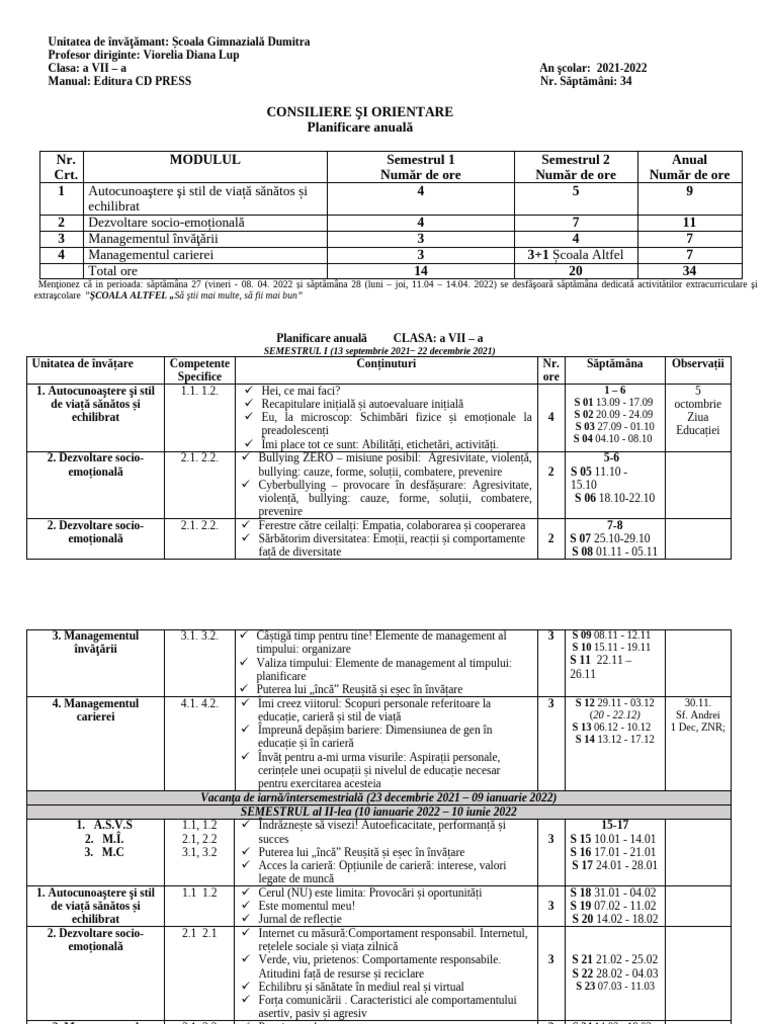 7 Planificare Consiliere Si Orientare. 20212022doc | PDF