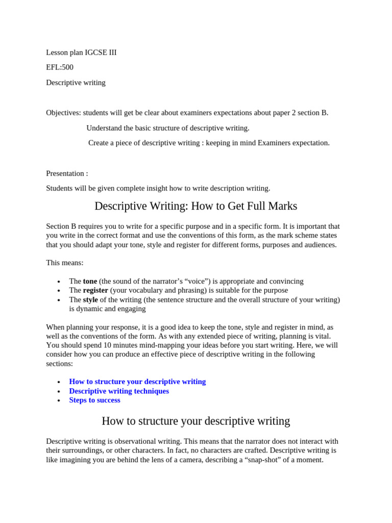 Lesson Plan IGCSE III Descriptive Writing | PDF